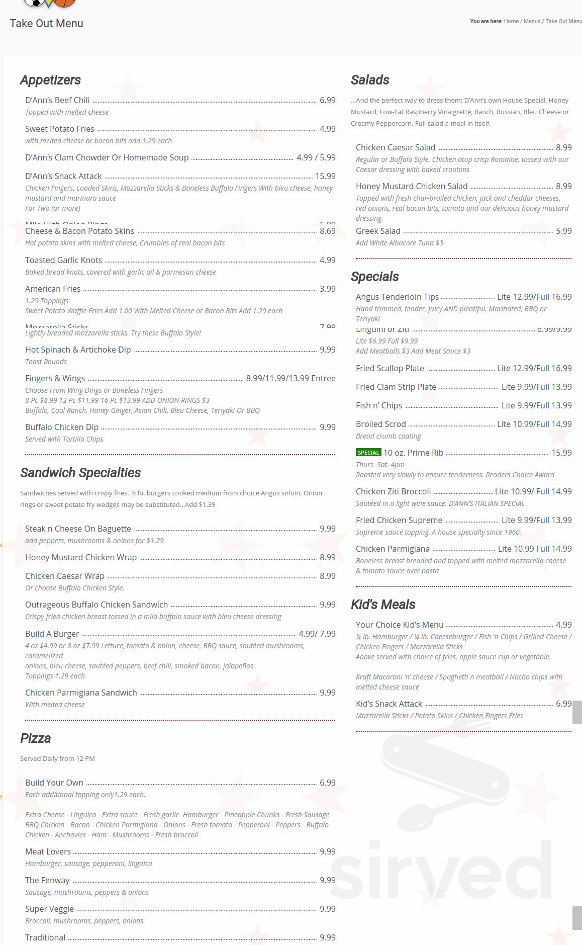 D'Ann's Sports & Entertainment Restaurant menu in Abington ...