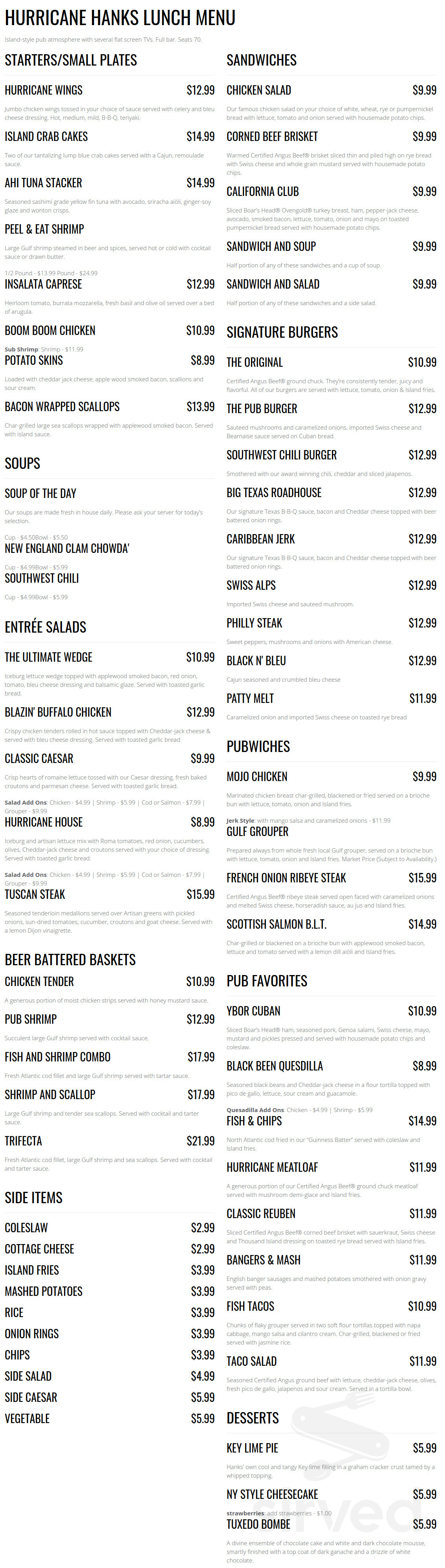 Hurricane Hanks menu in Holmes Beach, Florida, USA