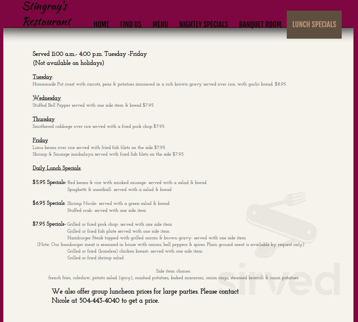 Menu for Stingray's Grill & Bar in Kenner, LA | Sirved