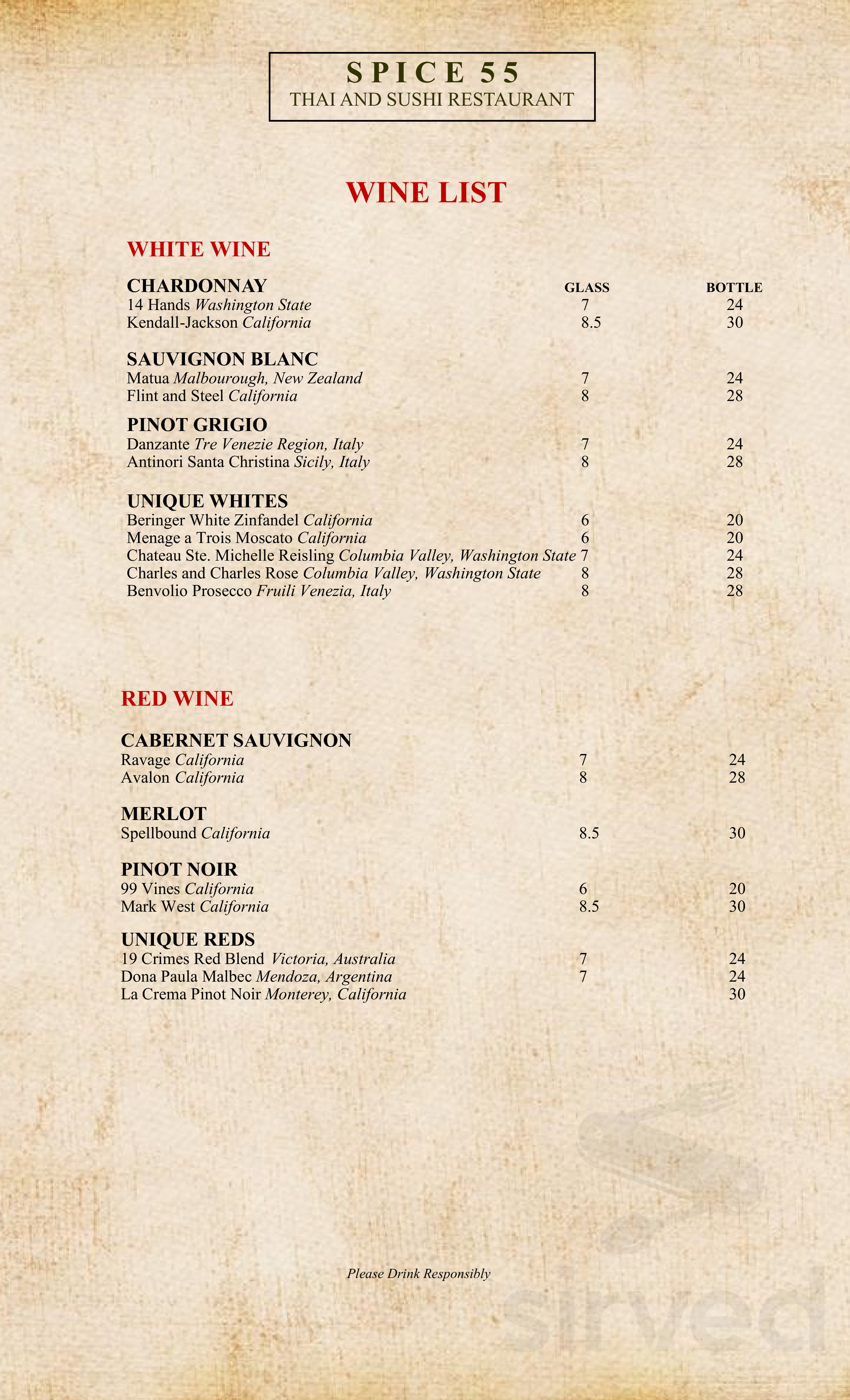 Spice 55 Thai and Sushi restaurant menu in Helen, Georgia, USA