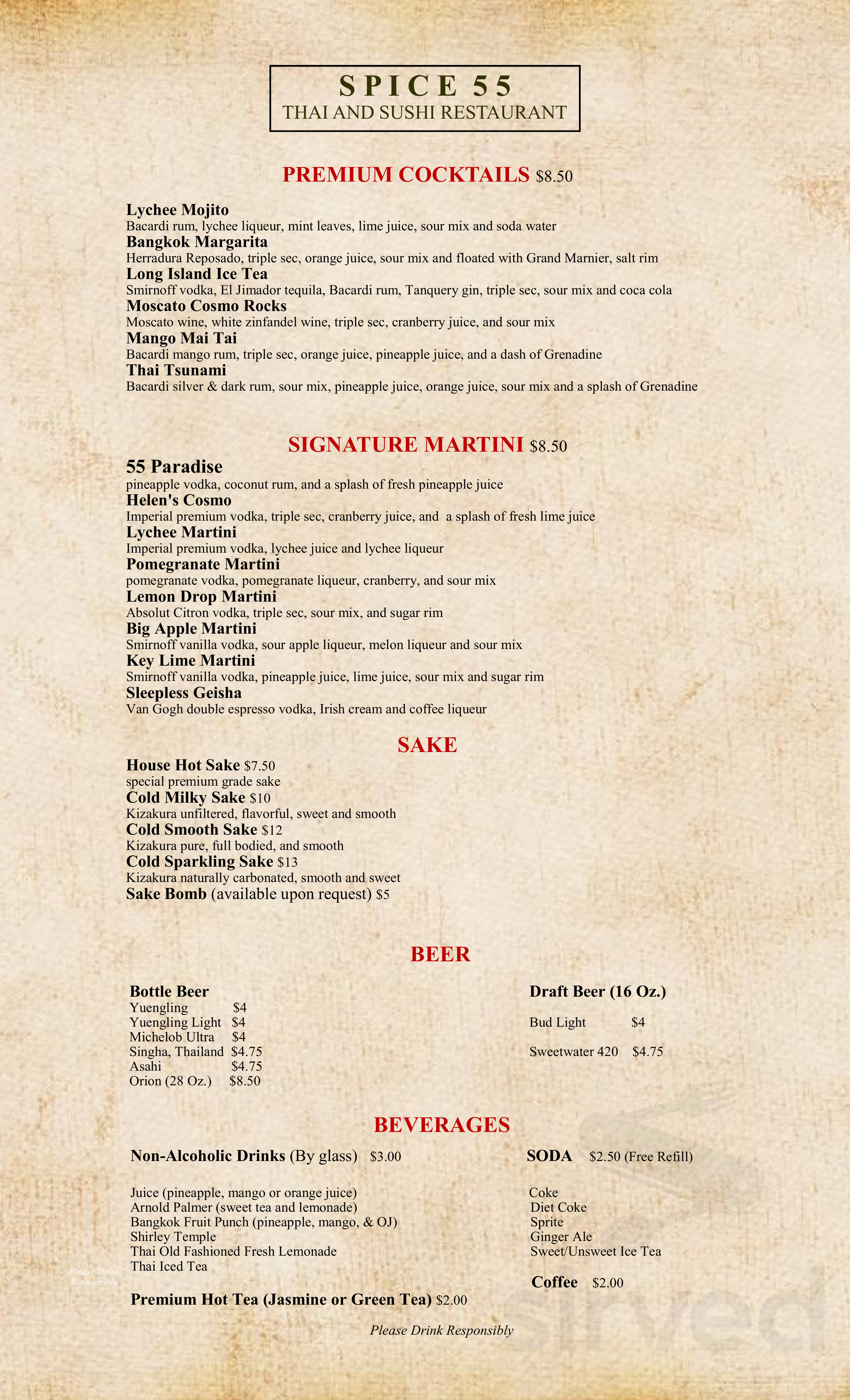 Spice 55 Thai and Sushi restaurant menu in Helen, Georgia, USA