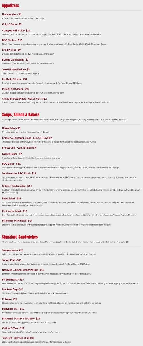 Piggyback Barbeque menu in Whitefish, Montana, USA