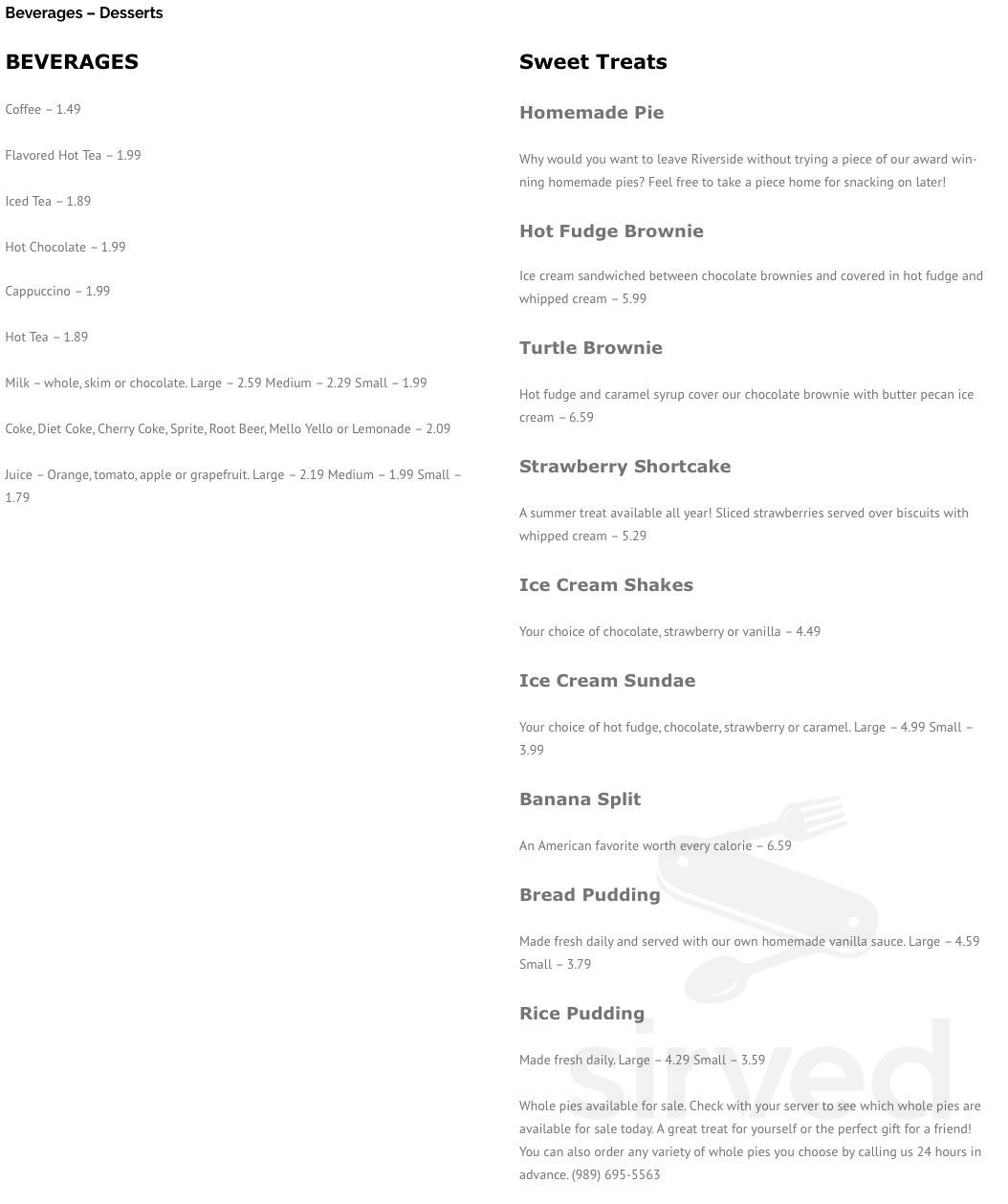 Riverside Family Restaurant menu in Freeland, Michigan, USA