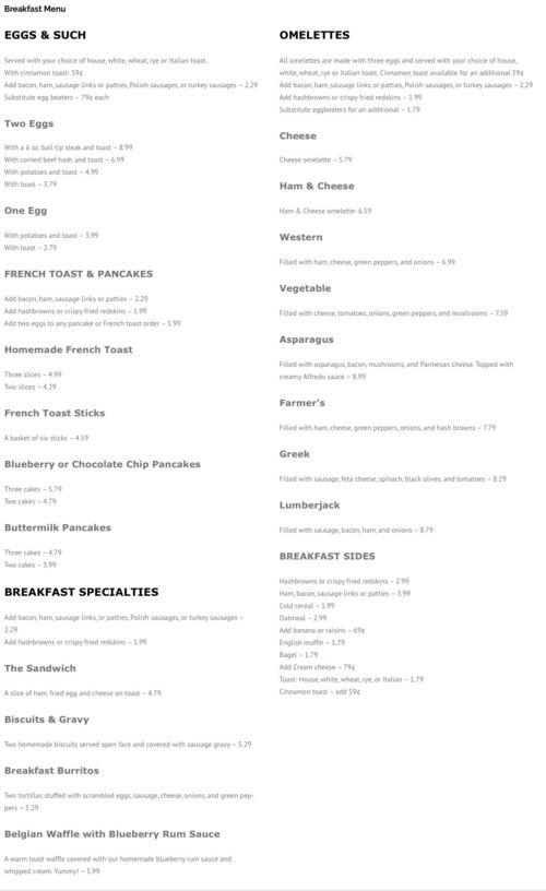 Riverside Family Restaurant menu in Freeland, Michigan, USA