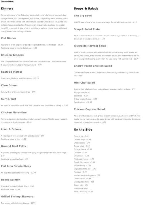 Riverside Family Restaurant menu in Freeland, Michigan, USA