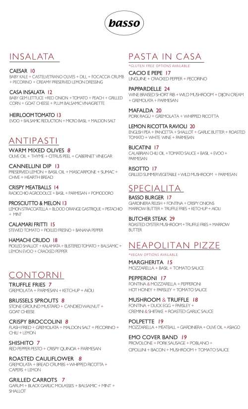 Basso menu in St. Louis, Missouri, USA