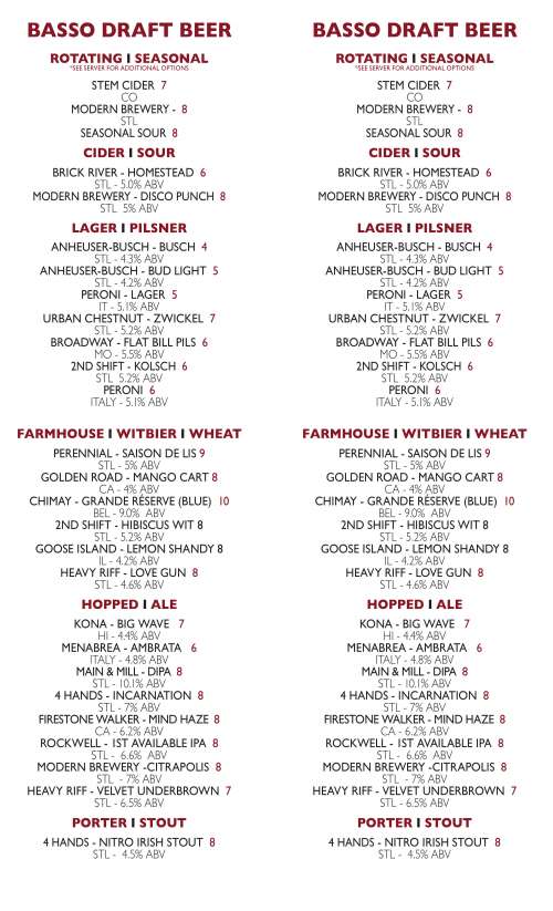 Basso menu in St. Louis, Missouri, USA