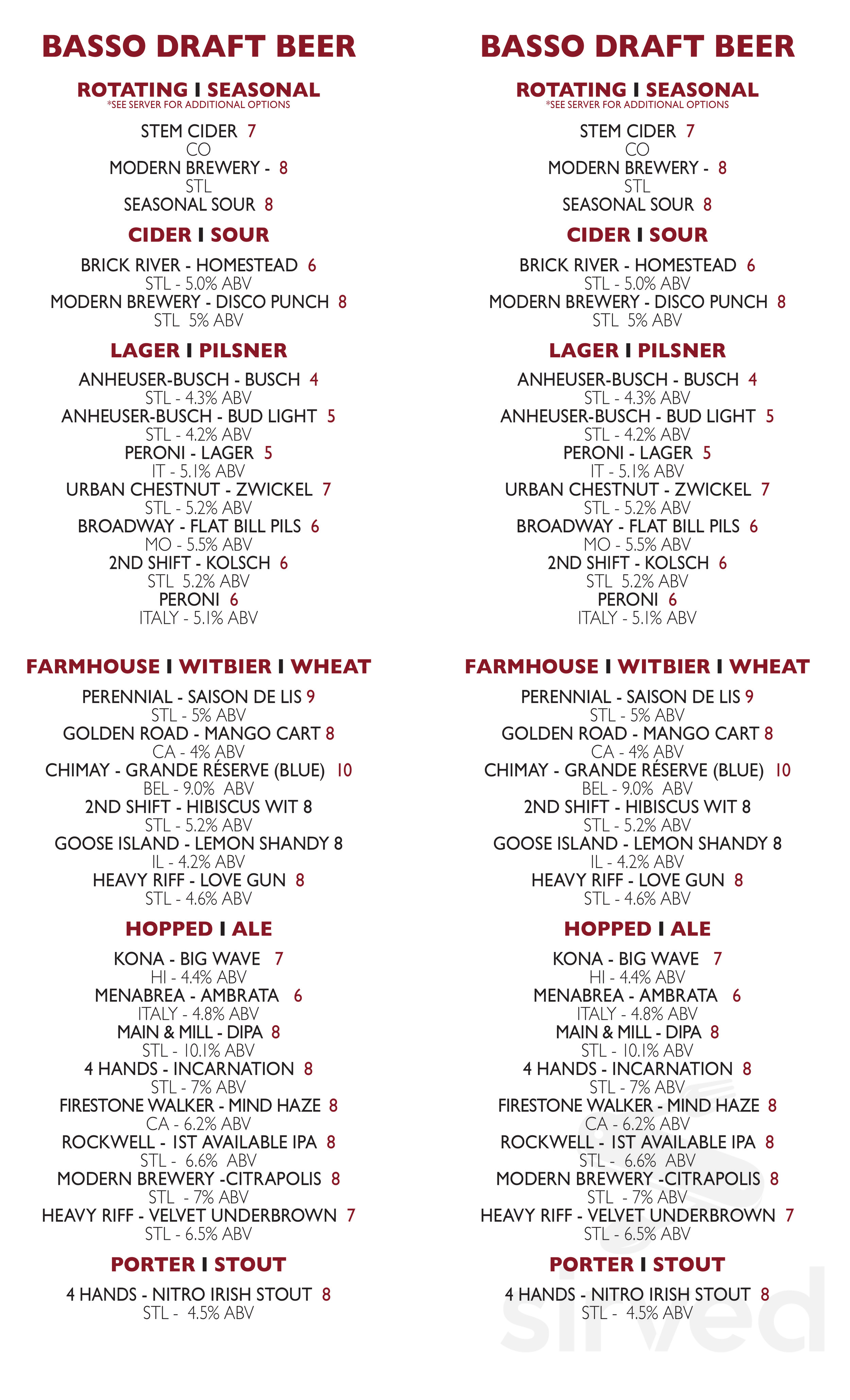 Basso menu in St. Louis, Missouri, USA