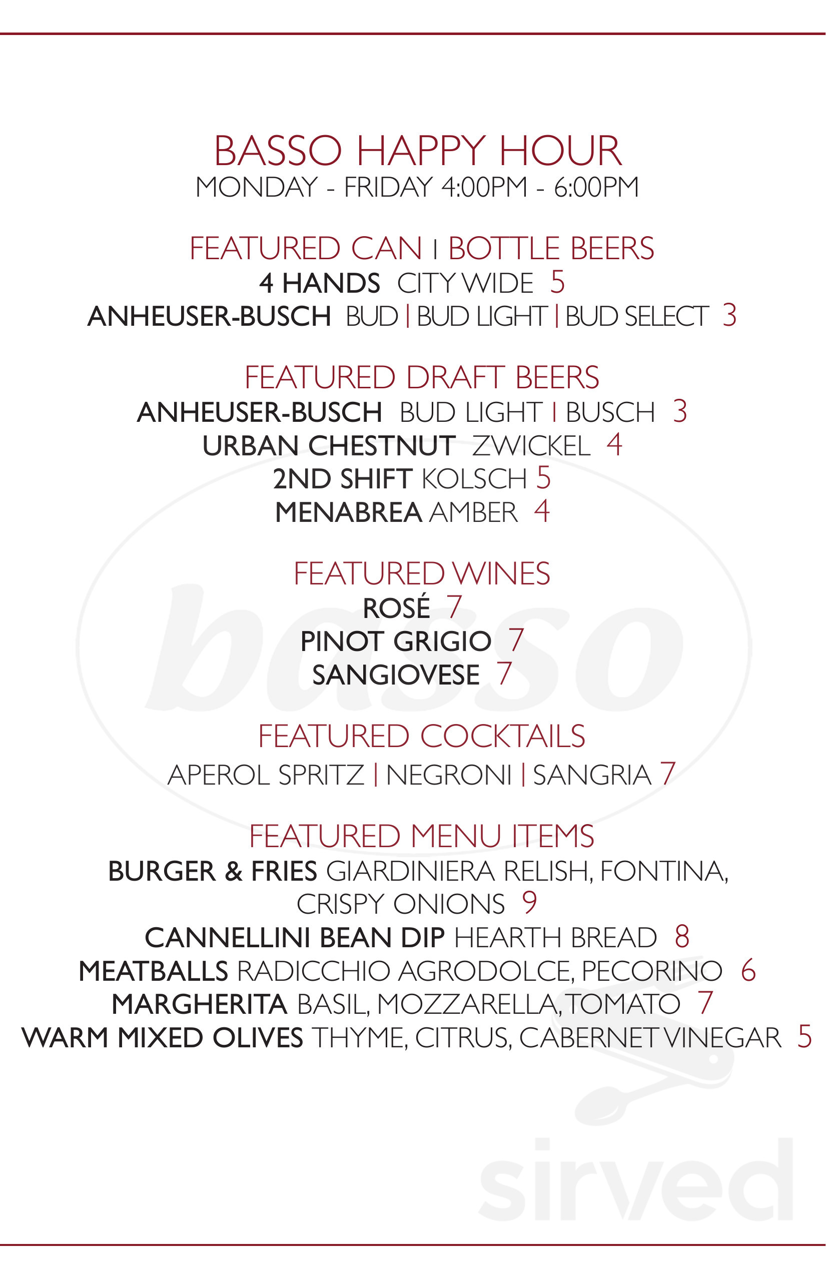 Basso menu in St. Louis, Missouri, USA