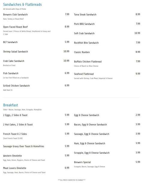 Brewers Landing menu in Essex, Maryland, USA