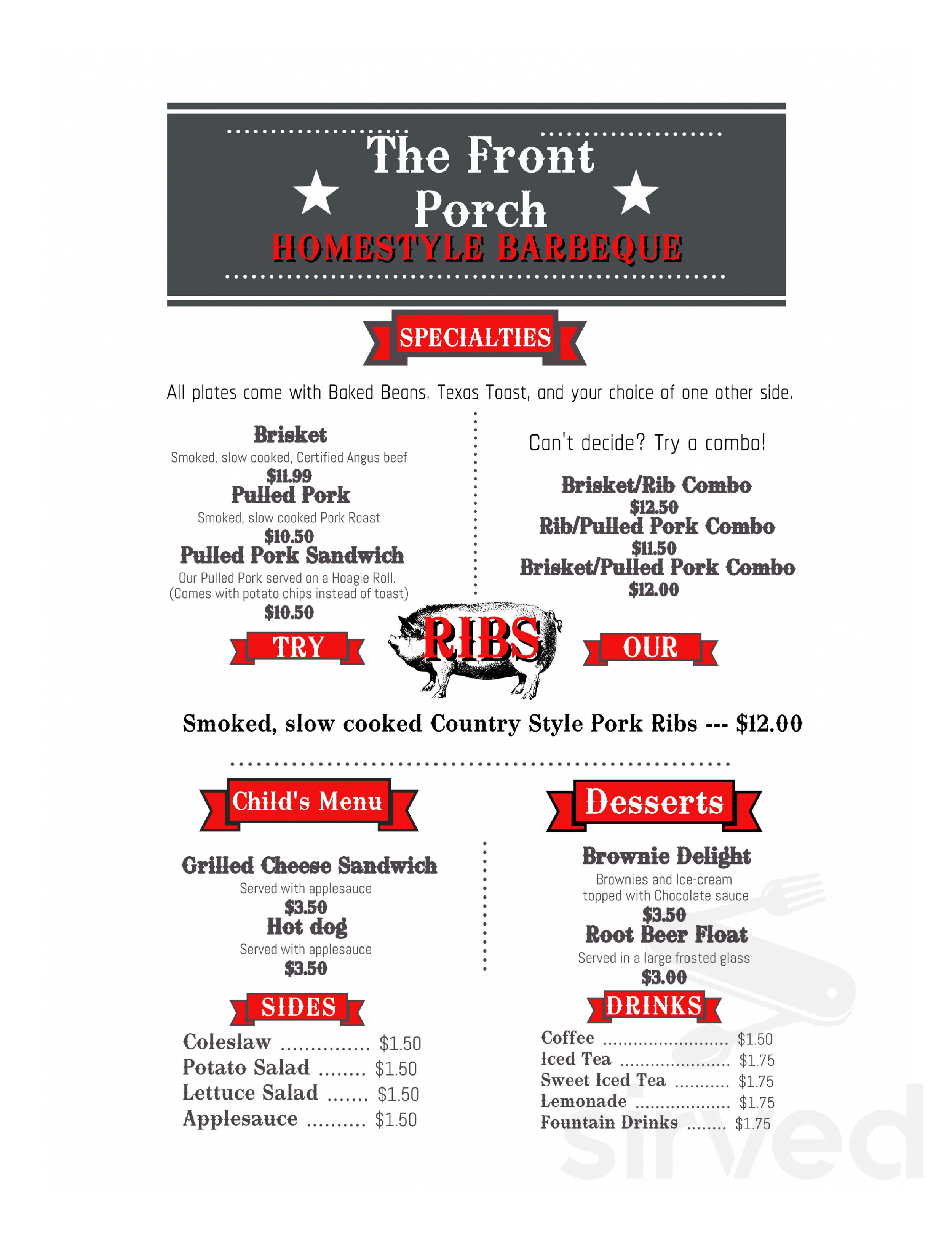 The Front Porch menu in Texline, Texas, USA