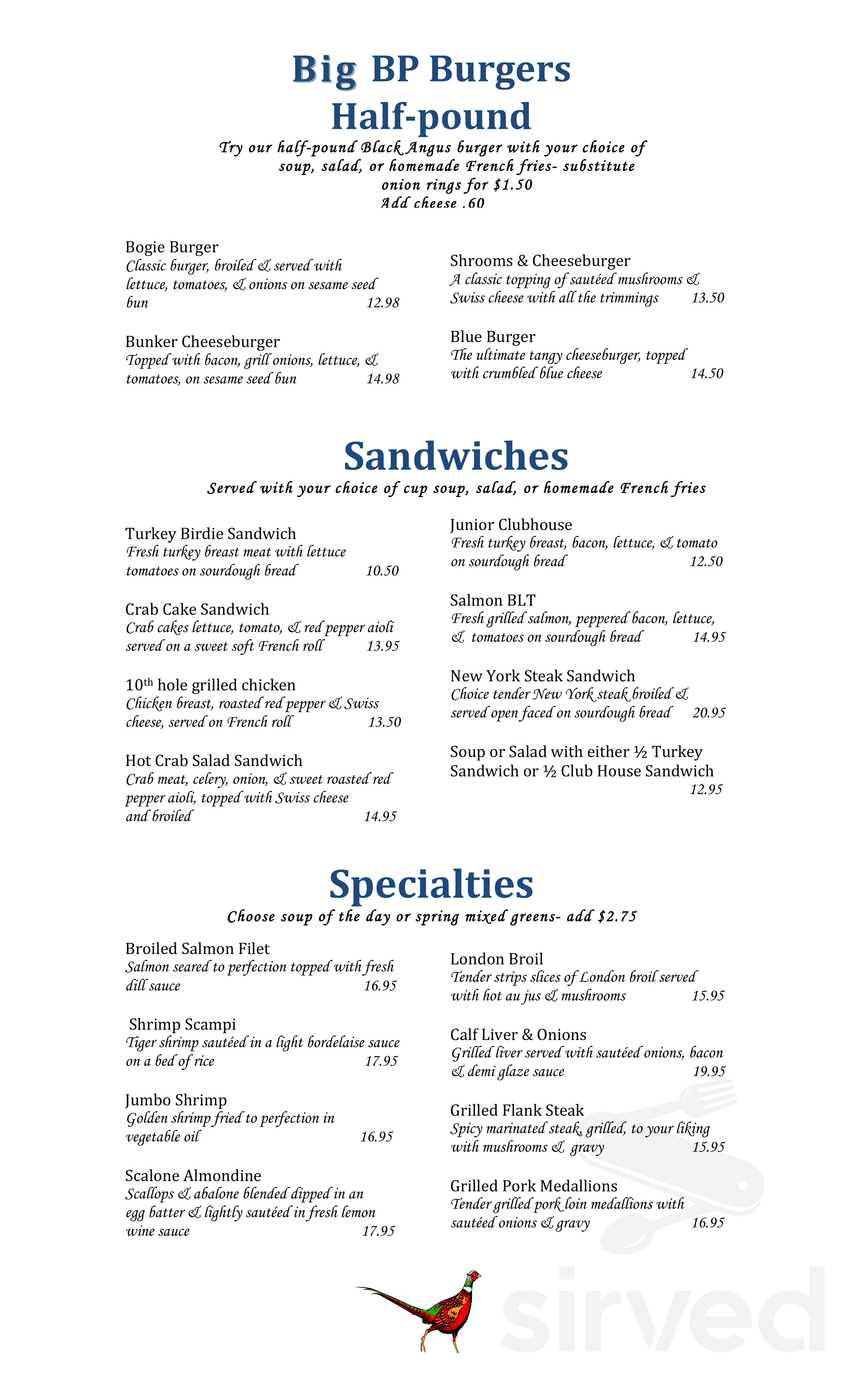 The Blue Pheasant Restaurant menu in Cupertino, California, USA