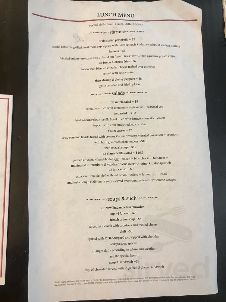 Vittles menu in Pittsfield, Maine, USA