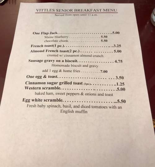 Vittles menu in Pittsfield, Maine, USA