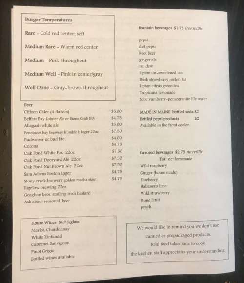 Vittles menu in Pittsfield, Maine, USA