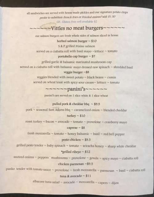 Vittles menu in Pittsfield, Maine, USA