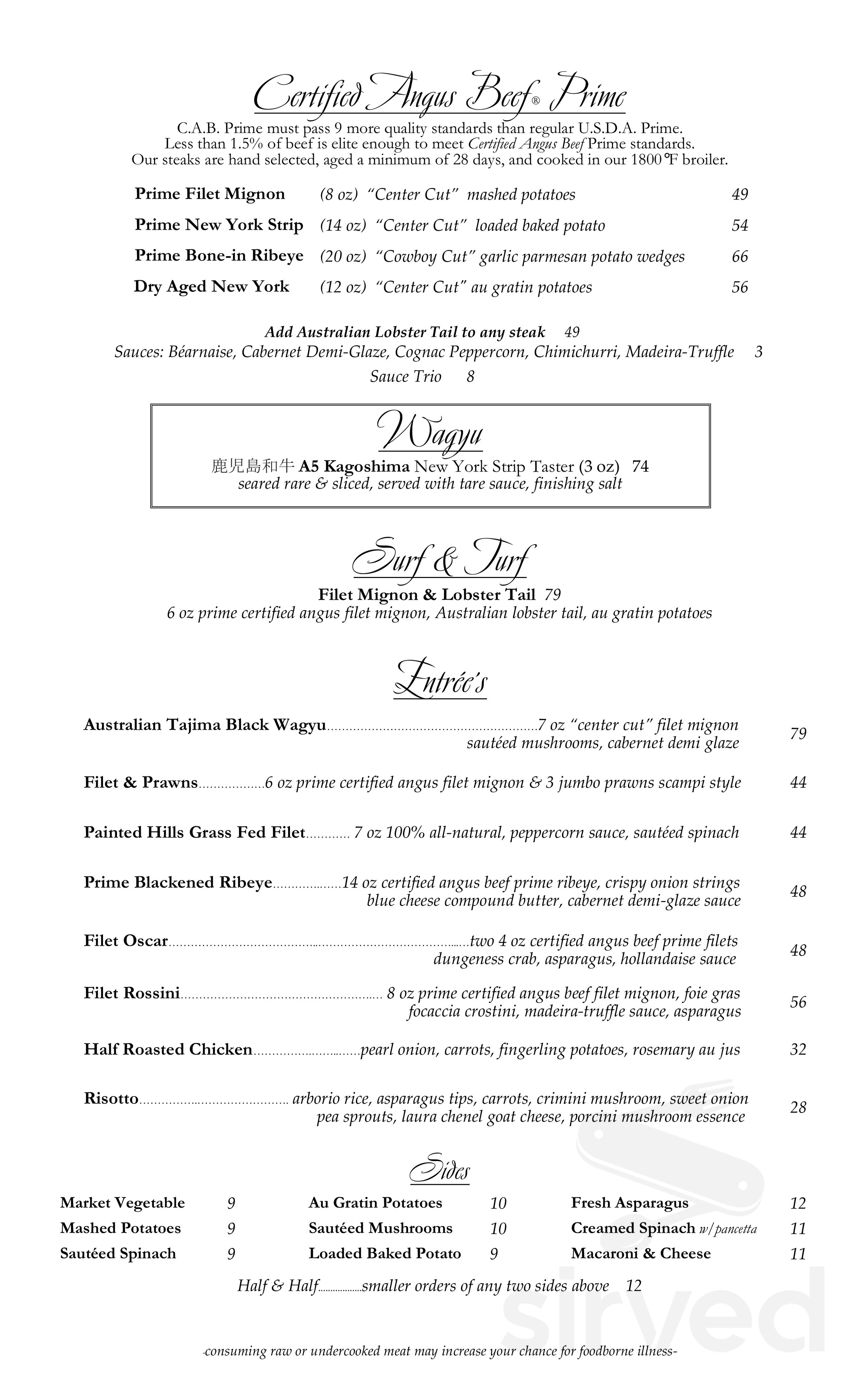 Forbes Mill Steakhouse menu in Los Gatos, California, USA