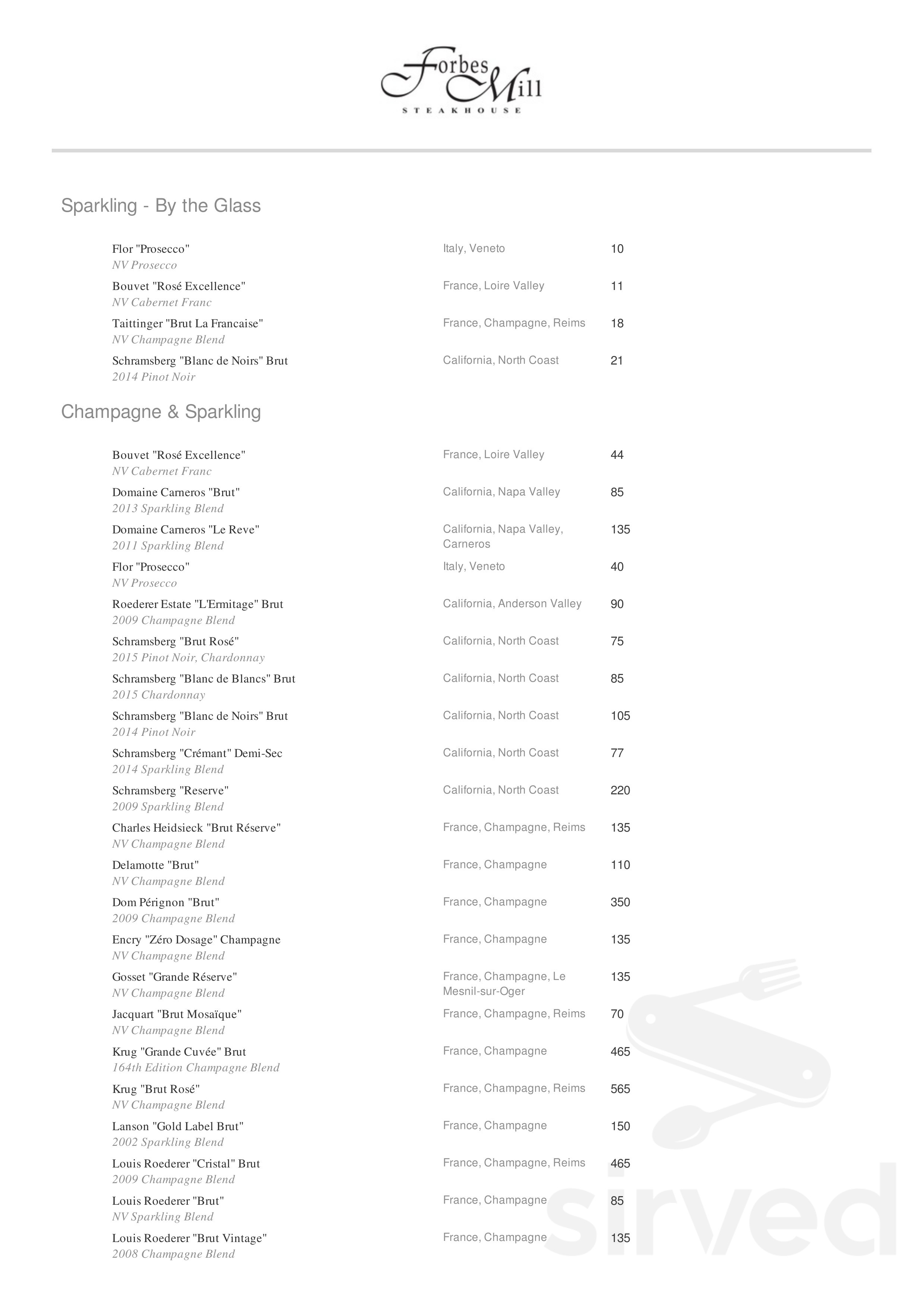 Forbes Mill Steakhouse menu in Danville, California, USA