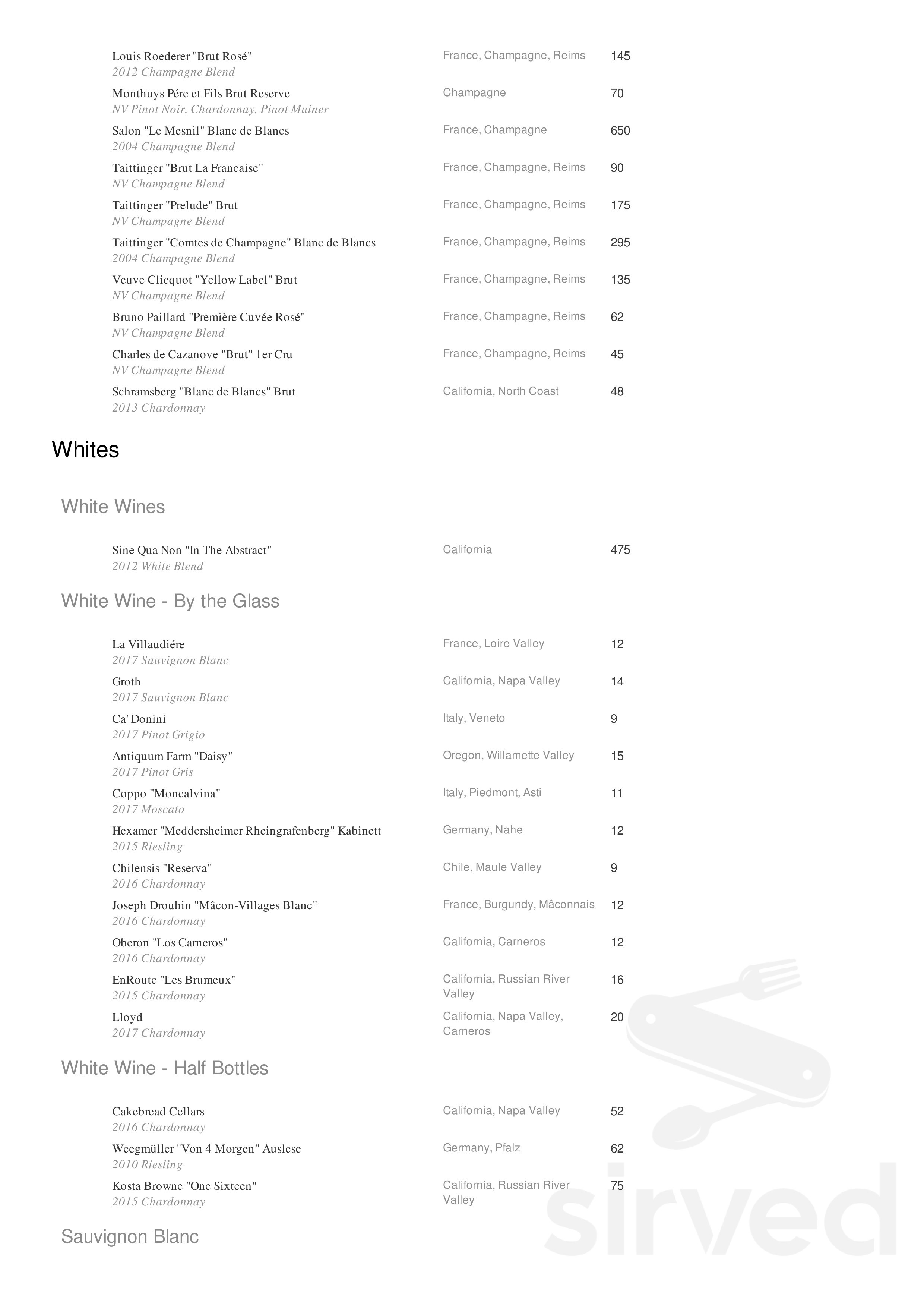 Forbes Mill Steakhouse menu in Los Gatos, California, USA