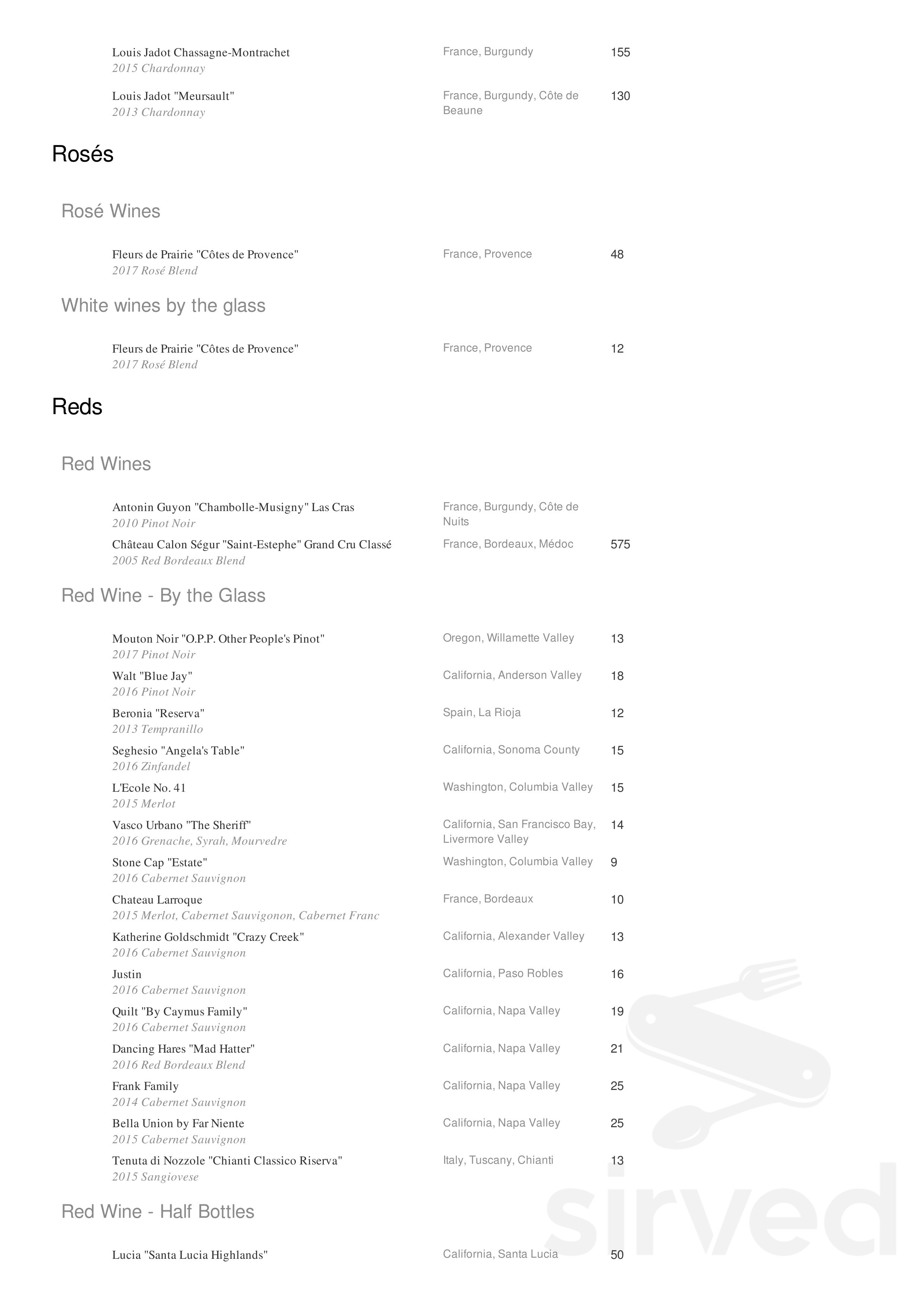 Forbes Mill Steakhouse menu in Los Gatos, California, USA