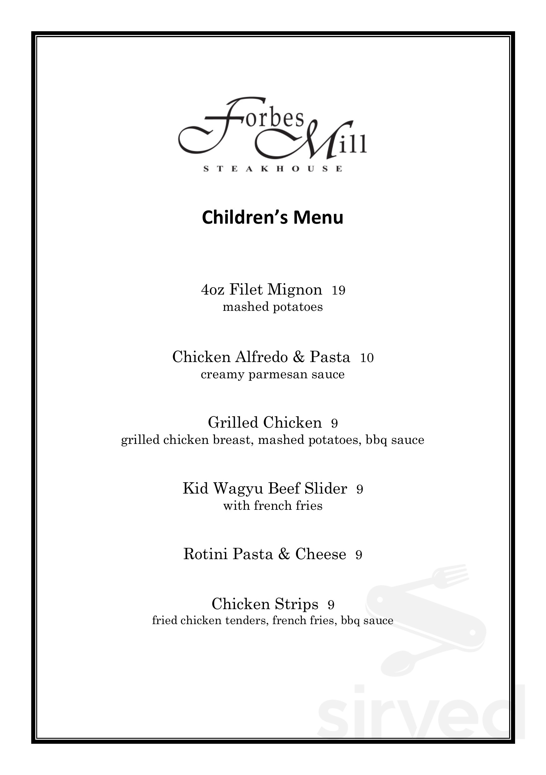 Forbes Mill Steakhouse menu in Danville, California, USA