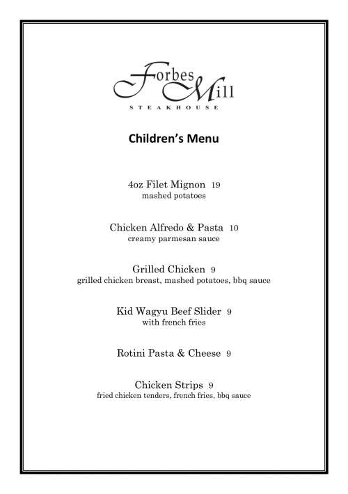 Forbes Mill Steakhouse menu in Los Gatos, California, USA