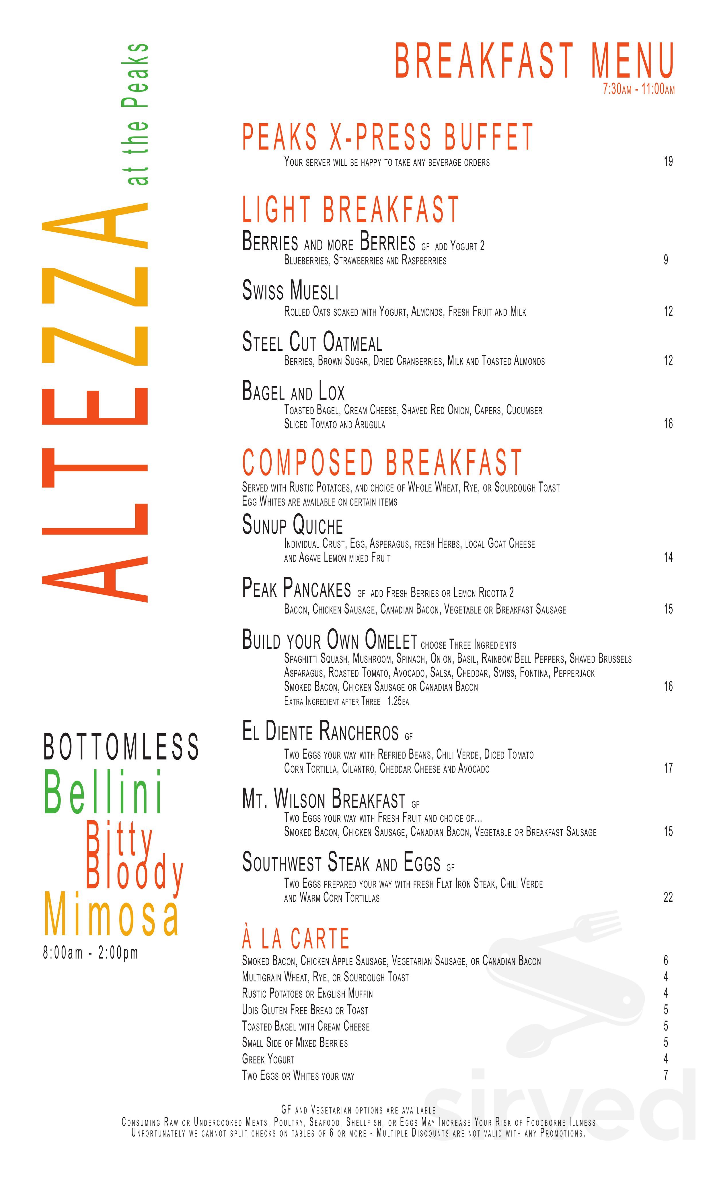 Altezza at the Peaks menu in Telluride, Colorado, USA