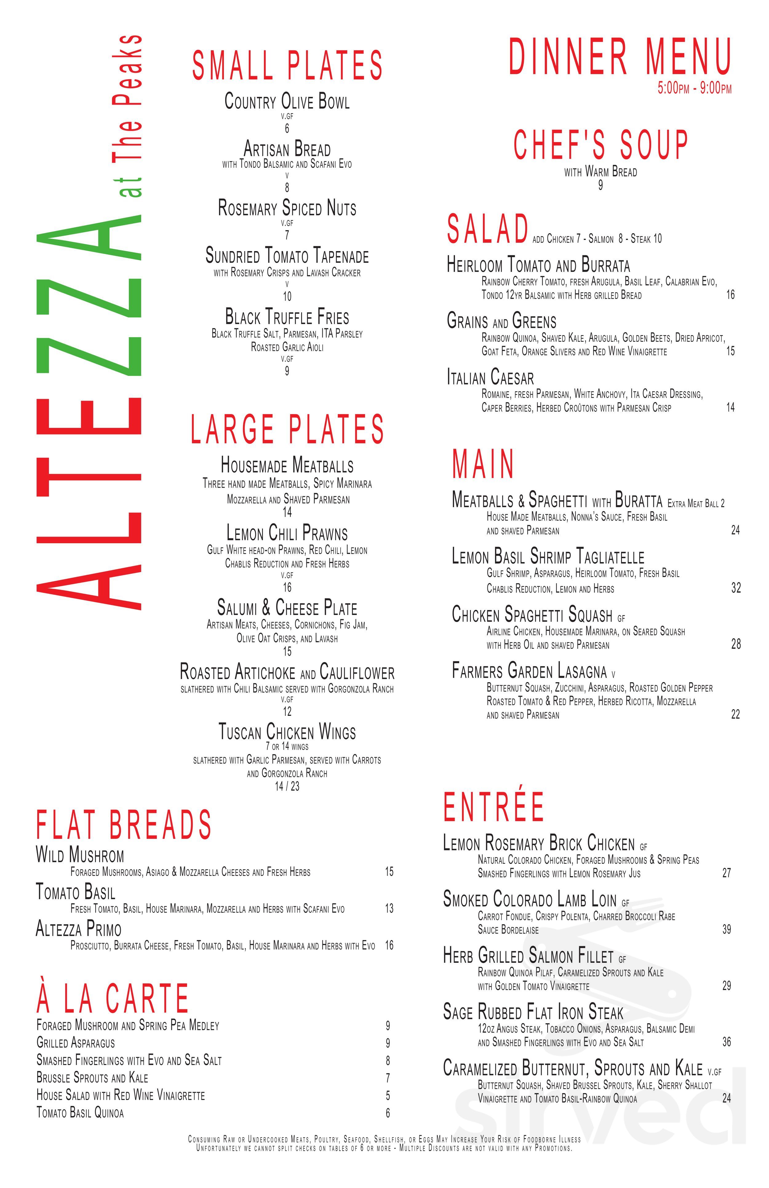 Menu - Telluride CO's Altezza at the Peaks | Sirved