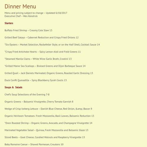 Table 34 menu in Las Vegas, Nevada, USA