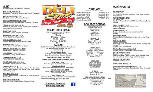 The Deli Spot menu in High Point, North Carolina, USA
