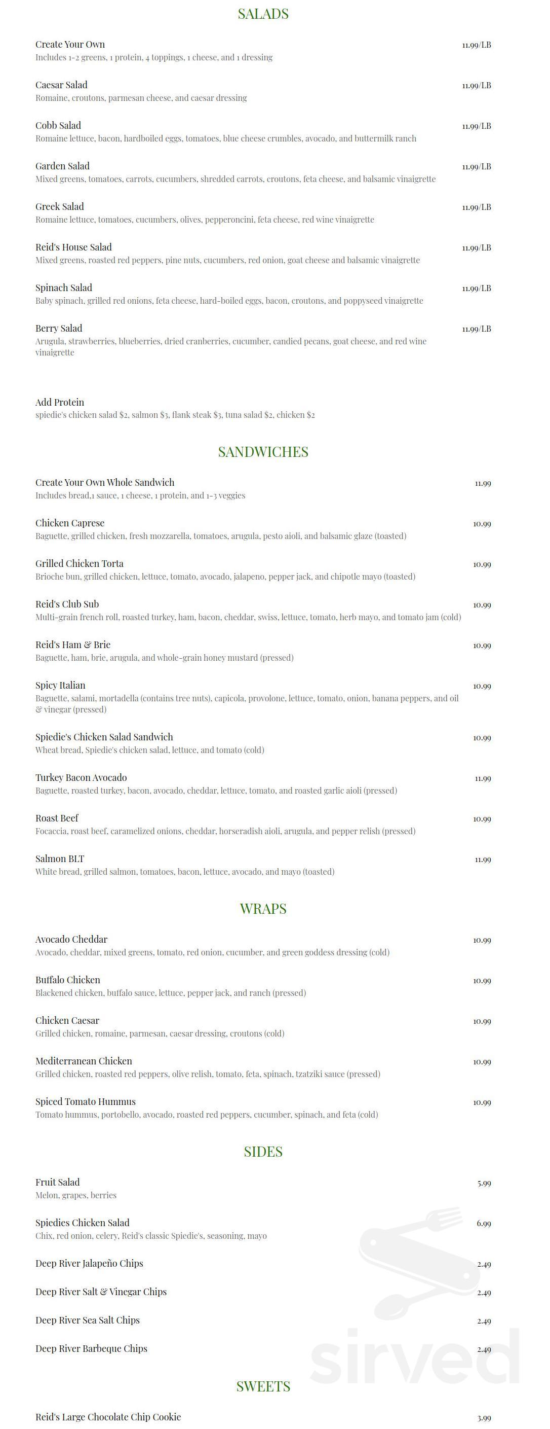 Reid's Fine Foods menu in Charlotte, North Carolina, USA