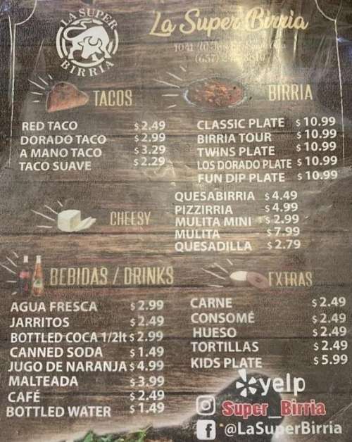 La Super Birria menu in Santa Ana, California, USA