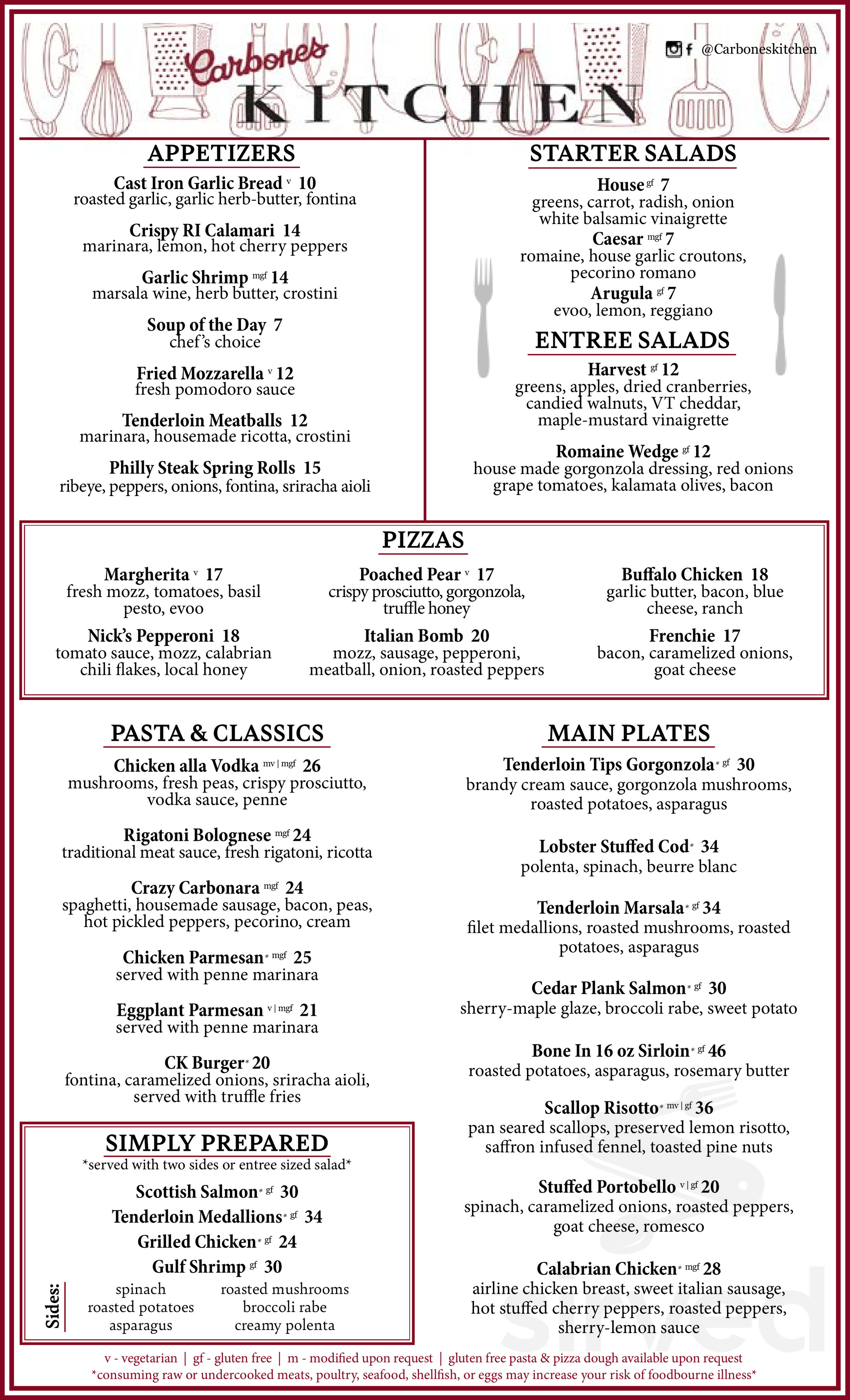 Menu - Bloomfield CT's Carbone's Kitchen | Sirved