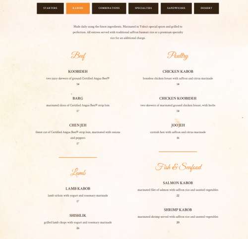 Yekta Kabob Counter menu in Rockville, Maryland, USA