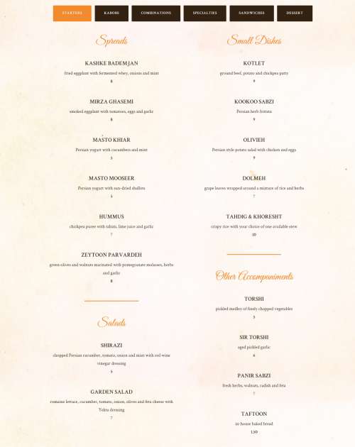 Yekta Kabob Counter menu in Rockville, Maryland, USA