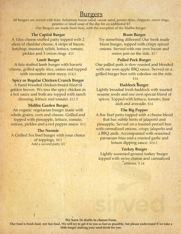 Capitol Pub menus in Middleton, Nova Scotia, Canada