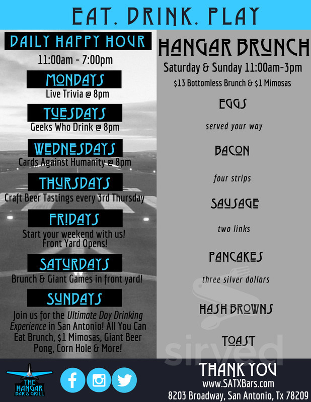 The Hangar menu in San Antonio, Texas, USA