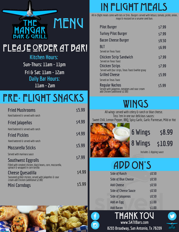 The Hangar menu in San Antonio, Texas, USA