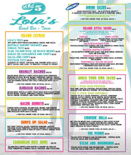 Lola's Beach Bar menu in Raleigh, North Carolina, USA