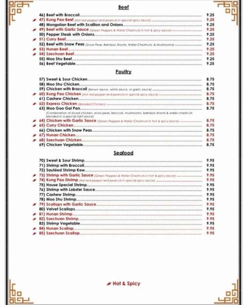 China Palace menu in Butler, Pennsylvania, USA