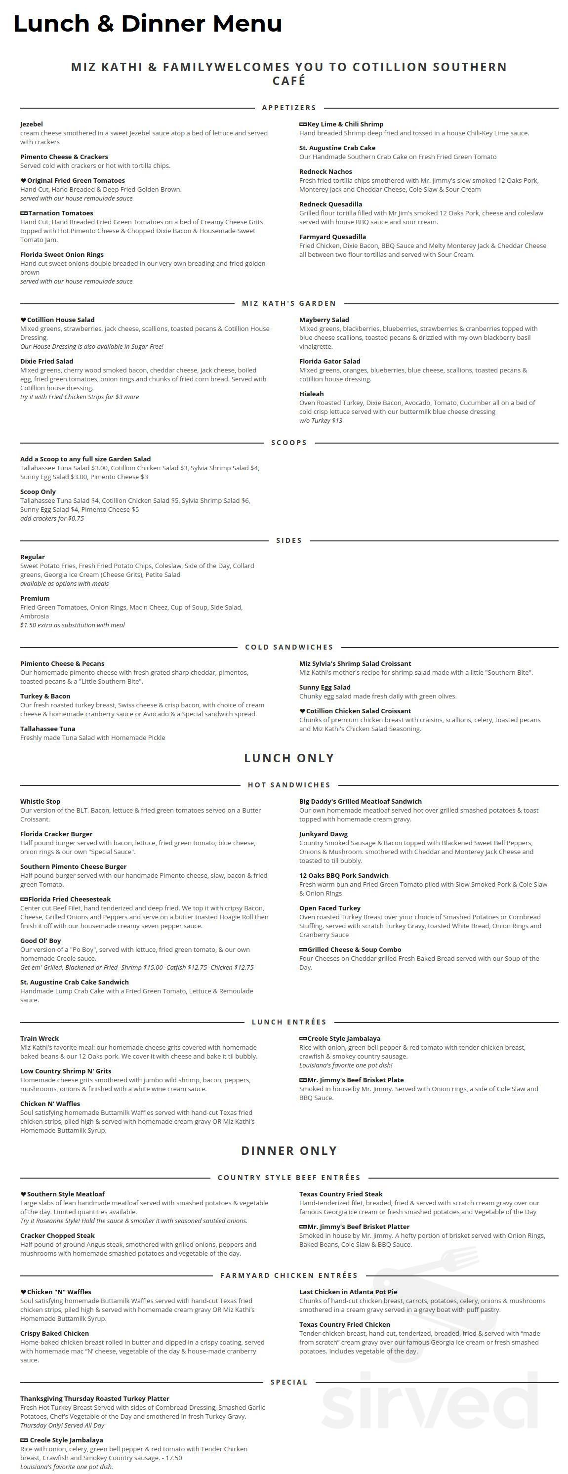 Miz Kathi's Cotillion Southern Cafe menu in Wildwood, Florida, USA