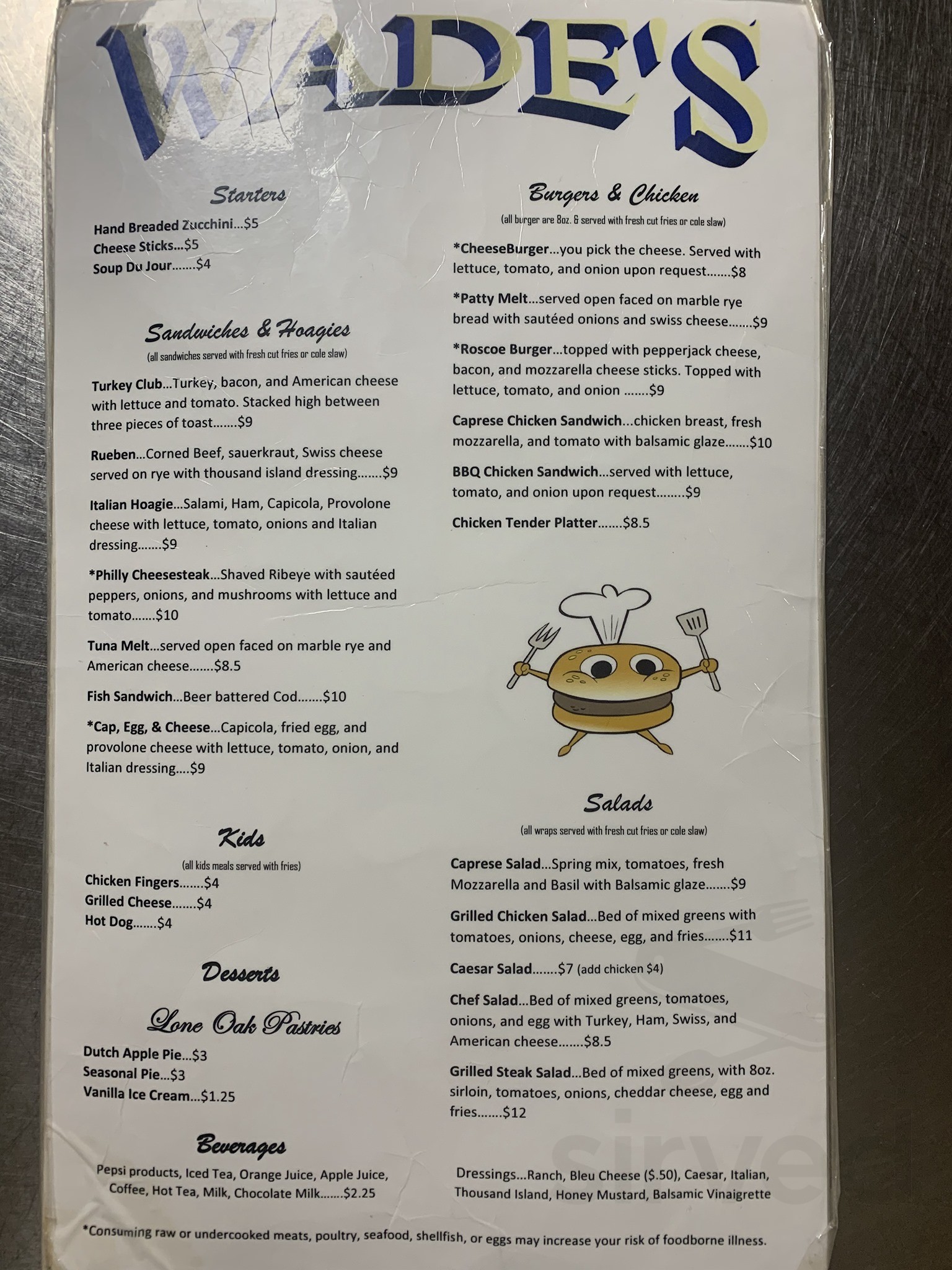 Wade's breakfast and grille menu in Export, Pennsylvania, USA