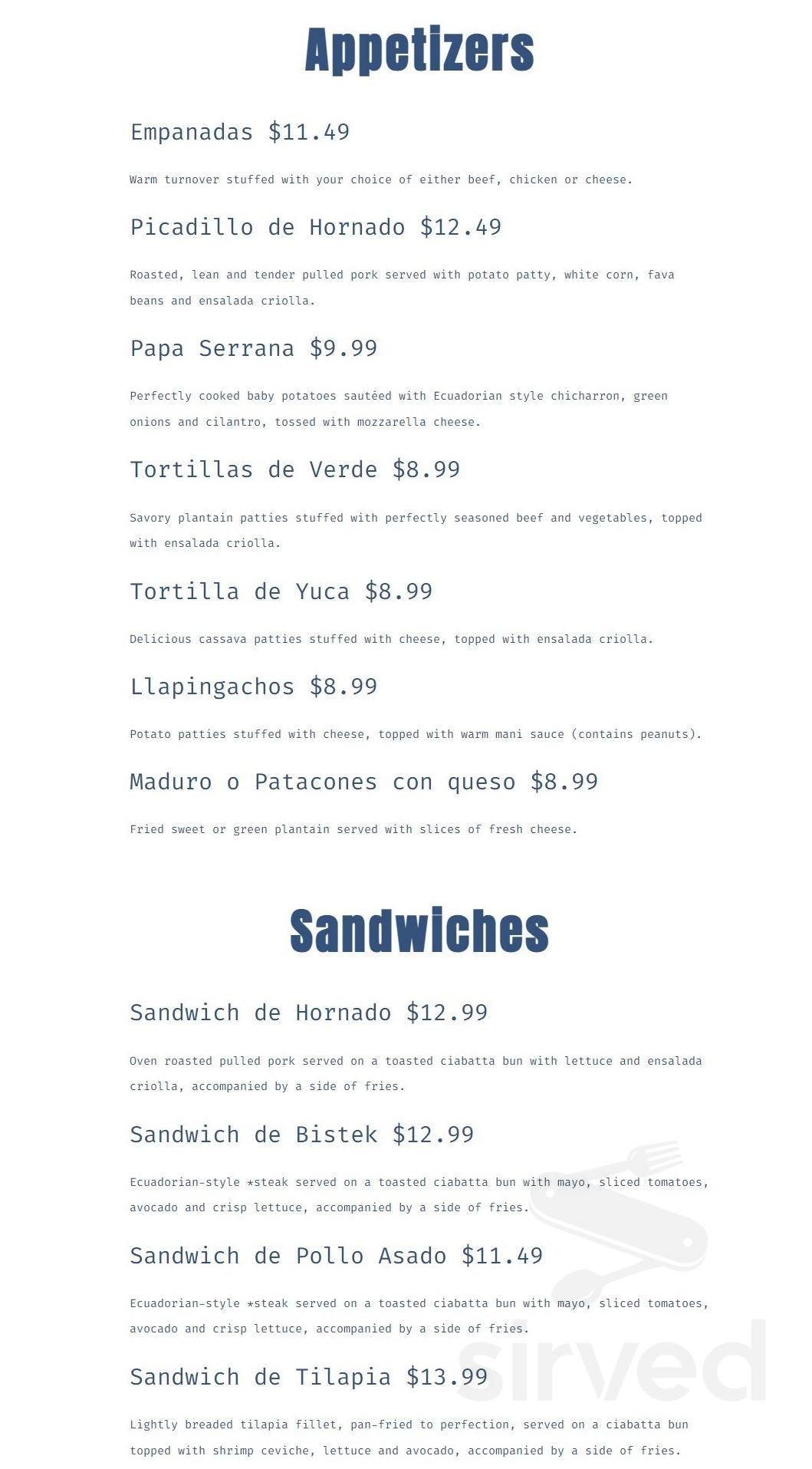 Mi Patria Ecuadorian Restaurant menu in West Des Moines, Iowa, USA