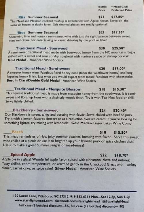 Starrlight Mead menu in Pittsboro, North Carolina, USA