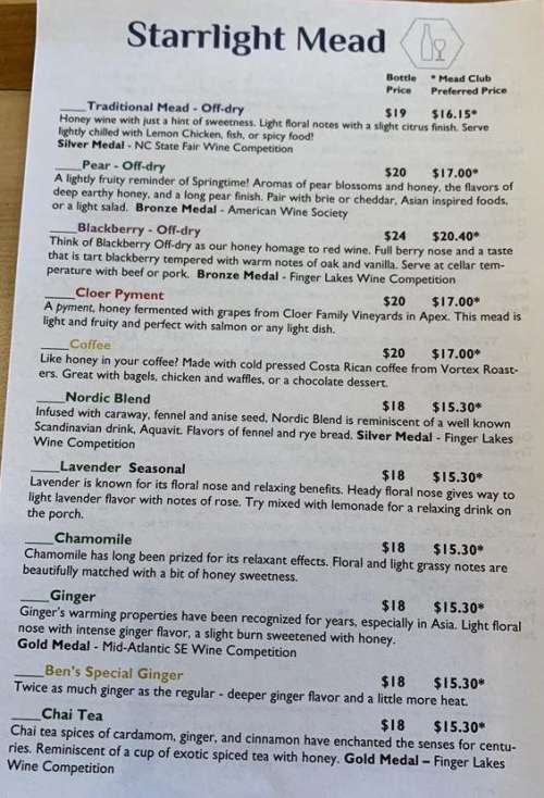 Starrlight Mead menu in Pittsboro, North Carolina, USA