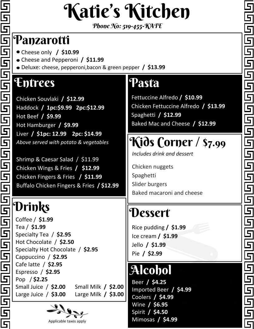 Katie's Kitchen menu in London, Ontario, Canada