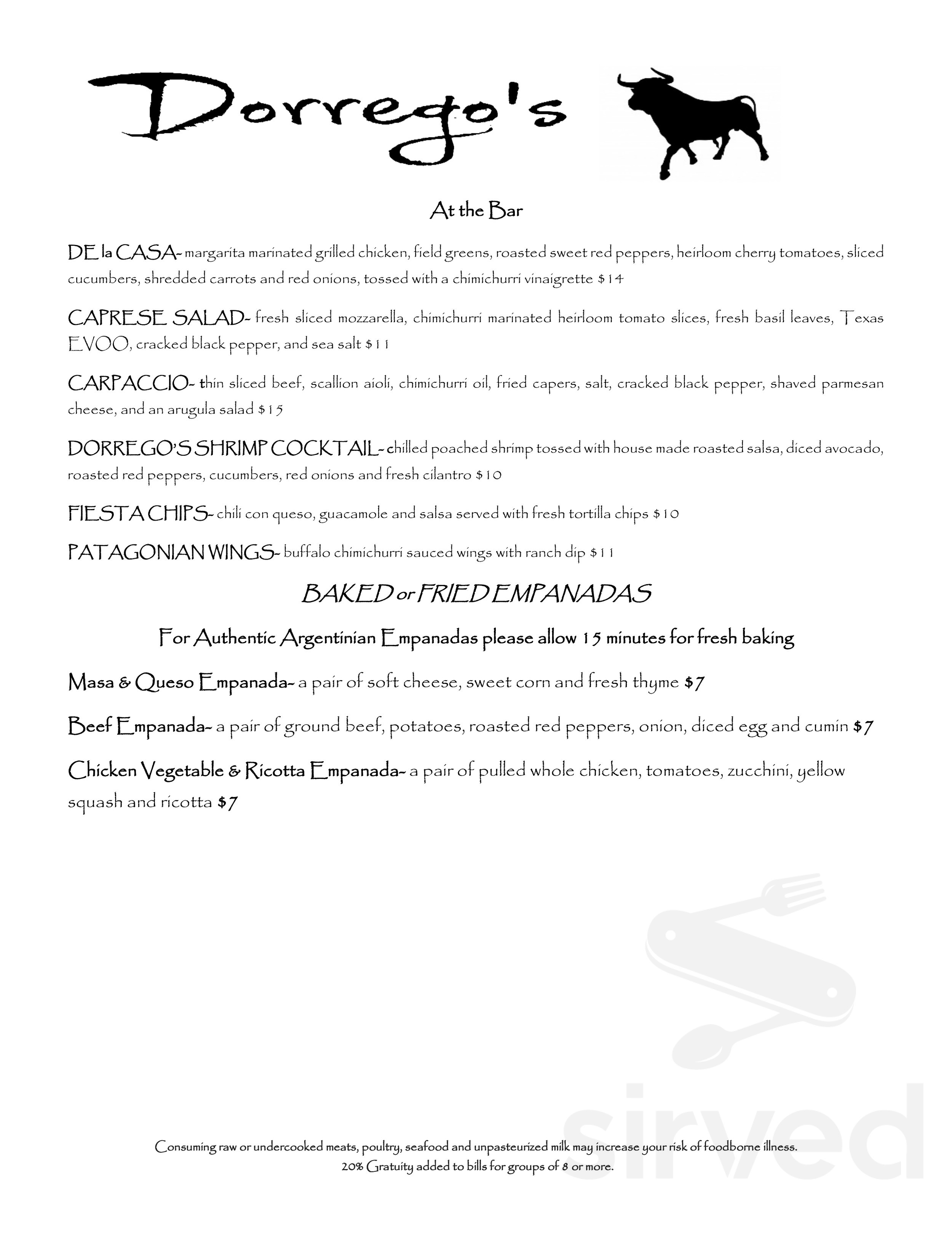 Dorrego's menu in San Antonio, Texas, USA