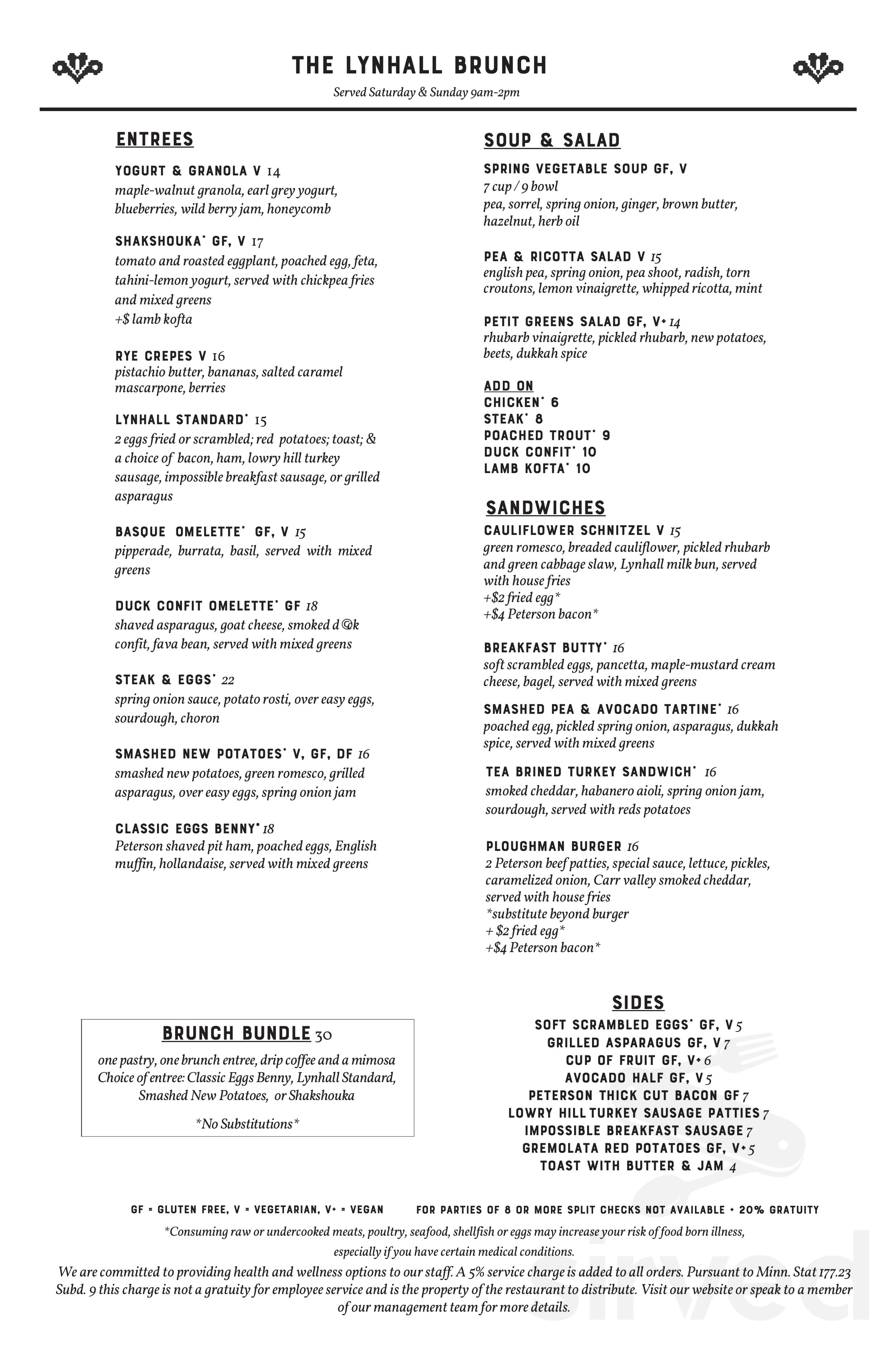 The Lynhall No. 2640 LynLake menu in Minneapolis, Minnesota, USA
