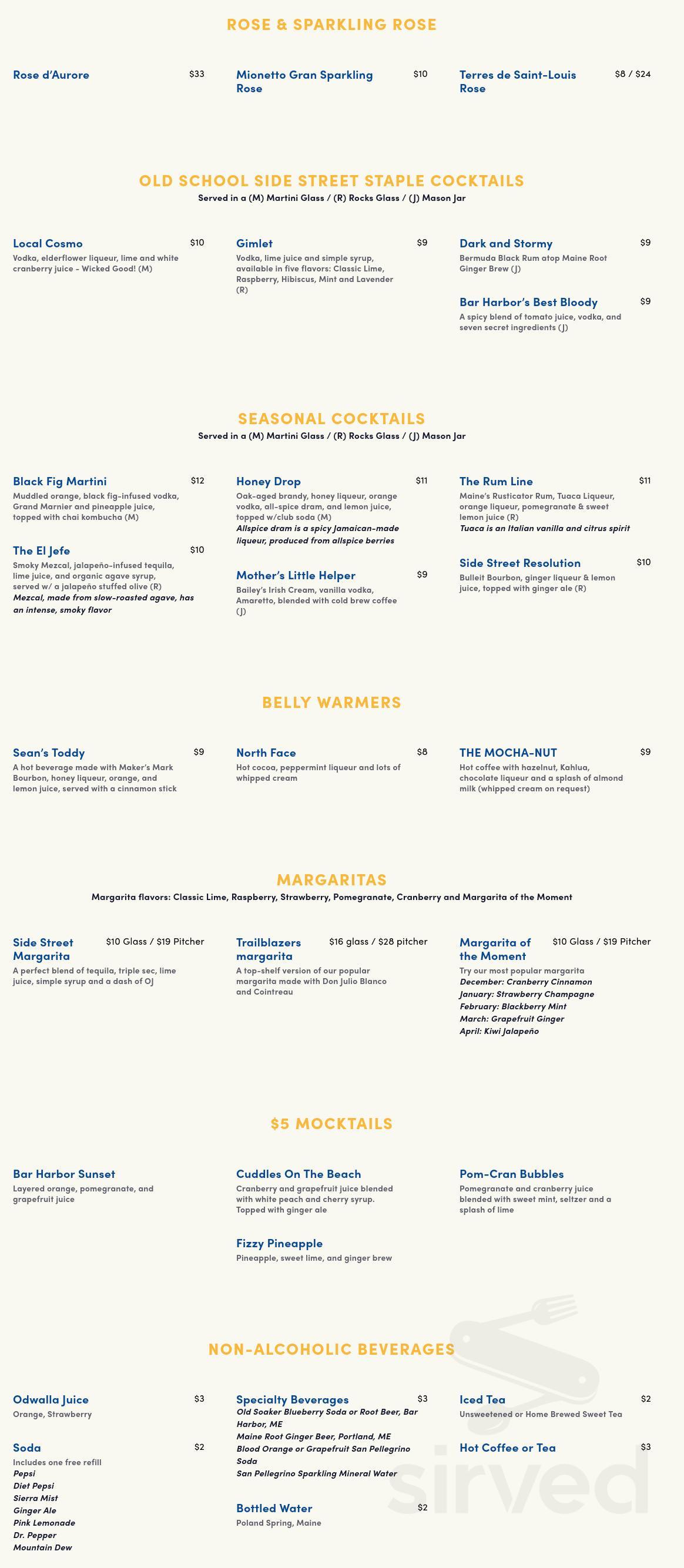 Side Street Cafe menu in Bar Harbor, Maine, USA