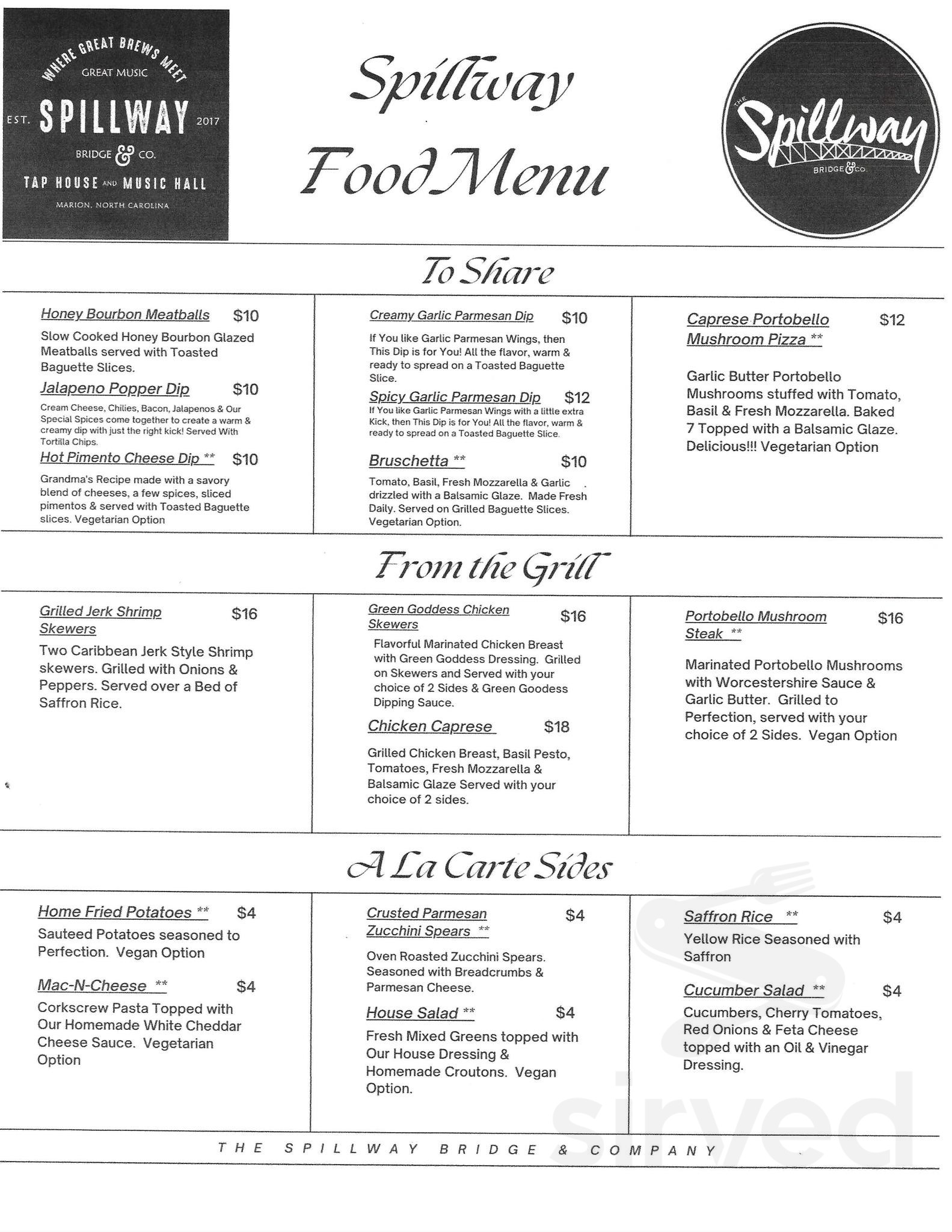 Spillway Bridge & Co. menu in Marion, North Carolina, USA